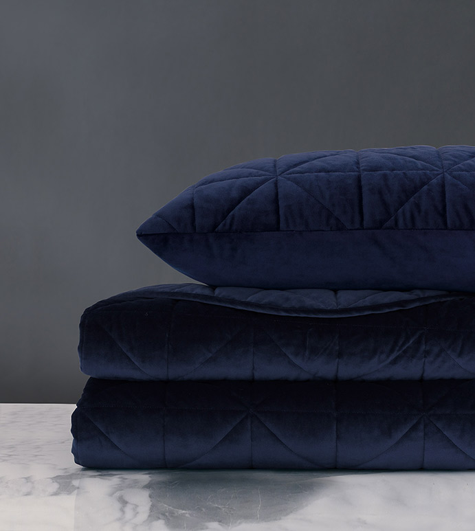 Nova Quilted Velvet Coverlet In Indigo | Eastern Accents