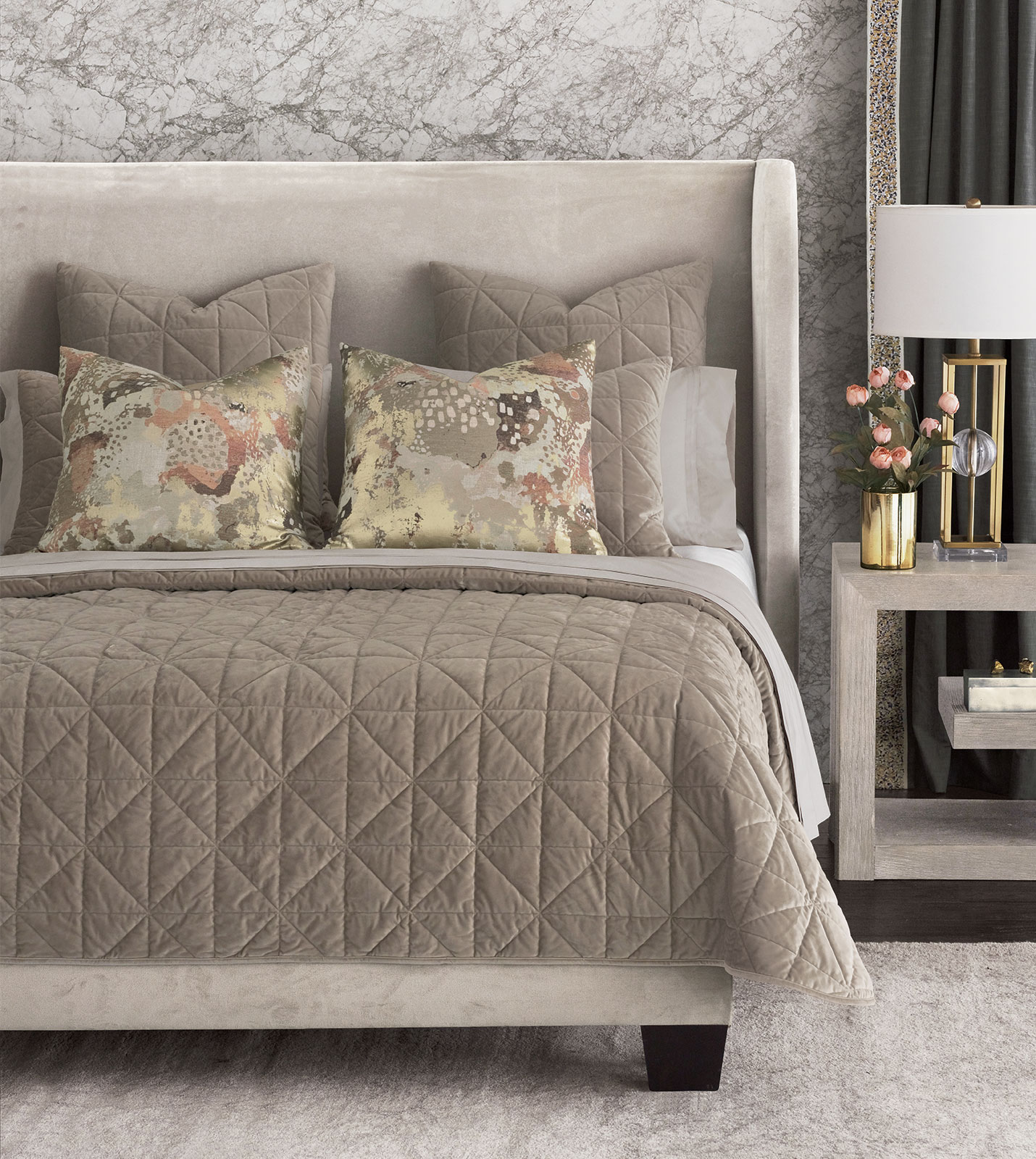 Nova Quilted Velvet Coverlet In Fawn | Eastern Accents