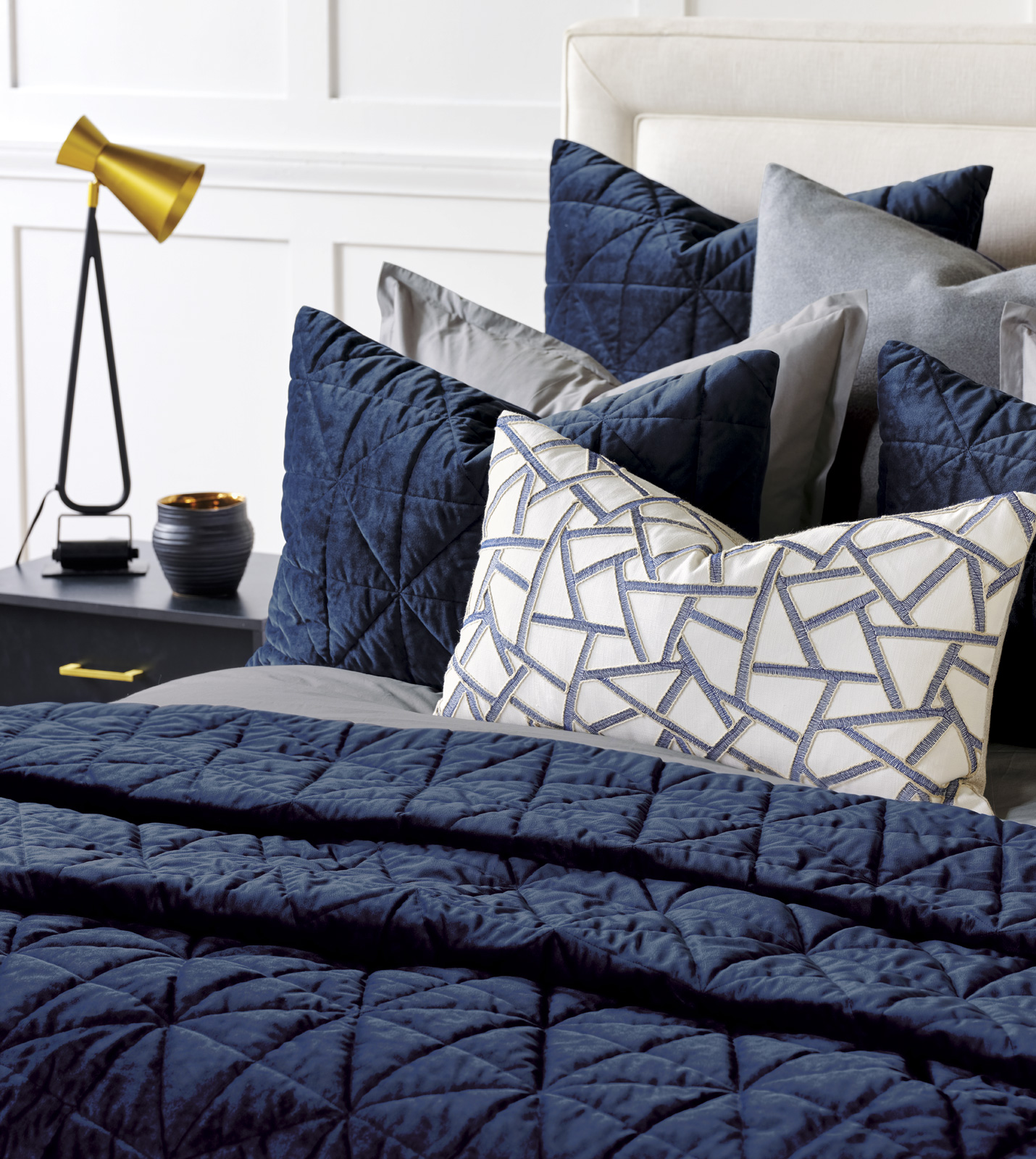 Nova Quilted Velvet Coverlet In Indigo | Eastern Accents